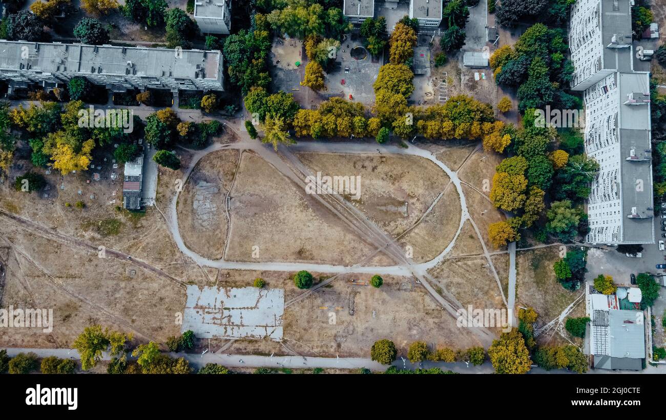 Abandoned Old football stadium. Soccer at dirty field. Areal view Stock ...