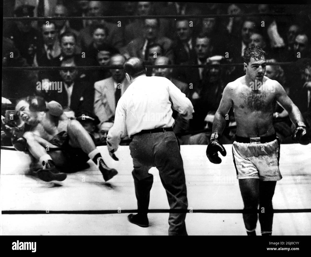 Joe Louis is knocked out by Rocky Marciano during the eighth round of ...