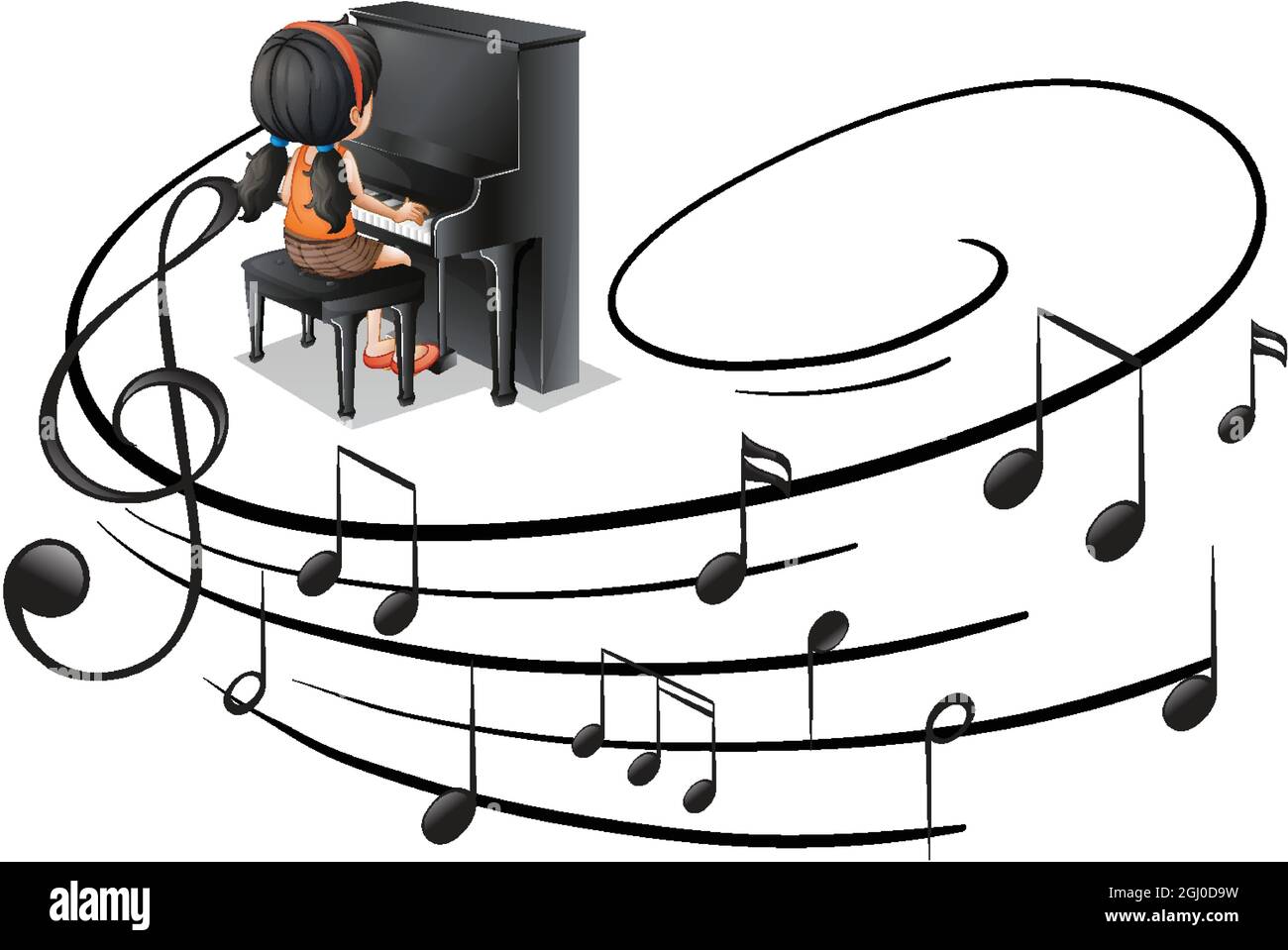 Musical melody symbols with a girl playing piano isolated illustration ...