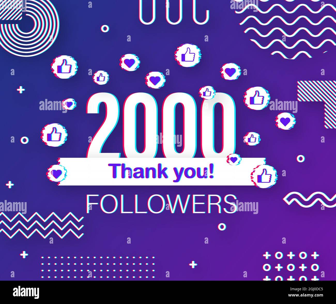 Thank you 2000 followers numbers. Glitch style banner. Congratulating ...