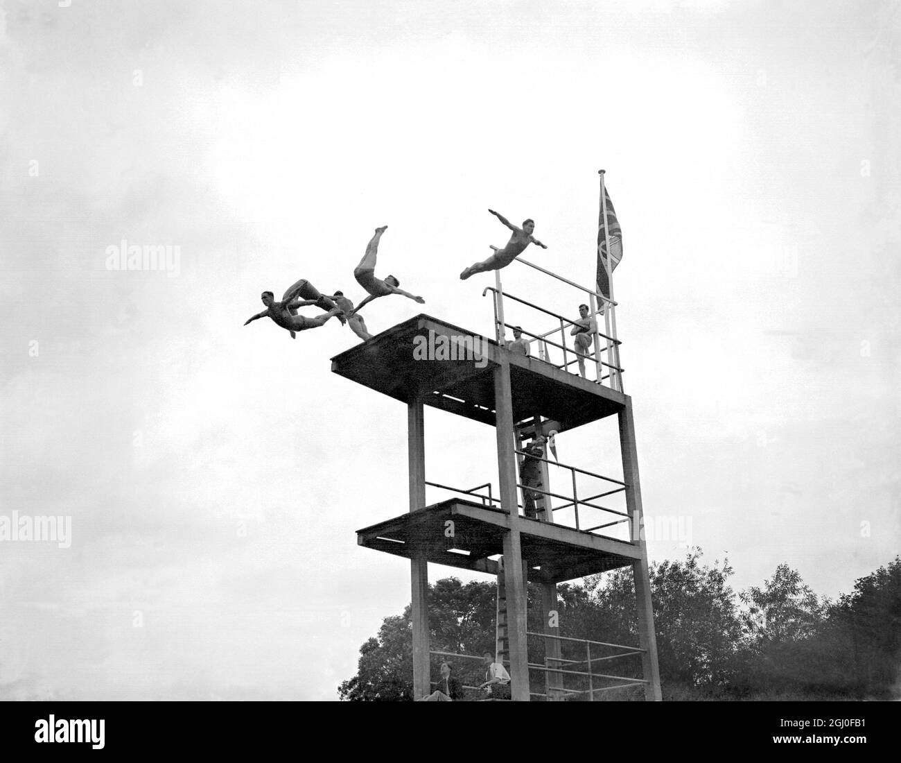 A display of mass fancy diving at the Highgate Ponds, London, when five ...