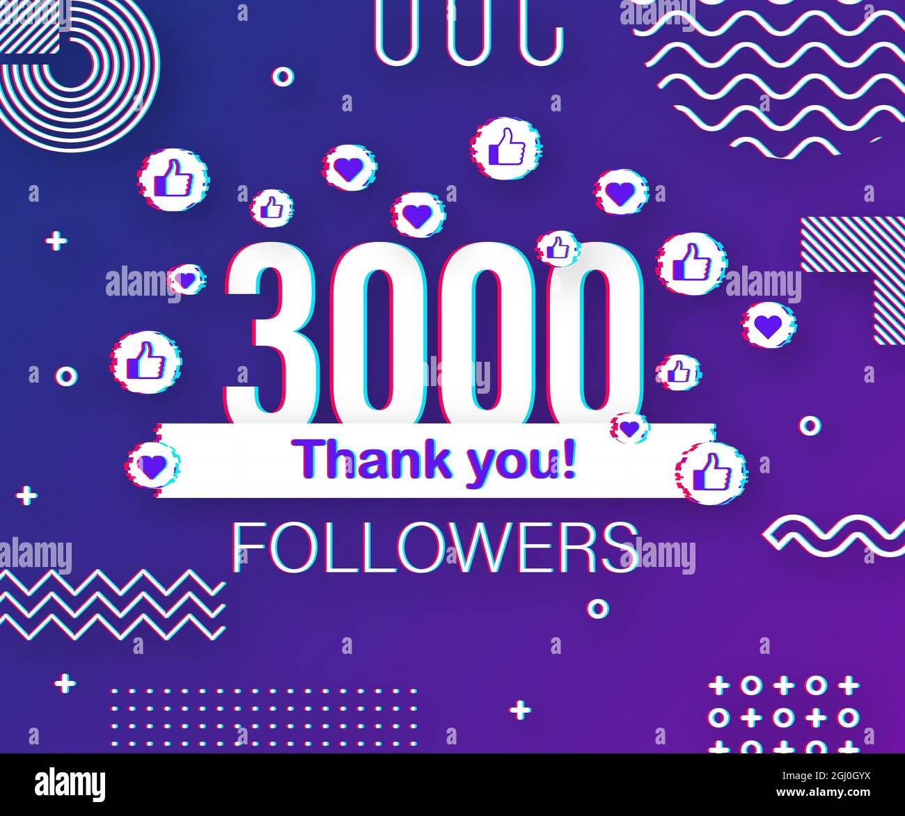 Thank you 3000 followers numbers. Glitch style banner. Congratulating ...