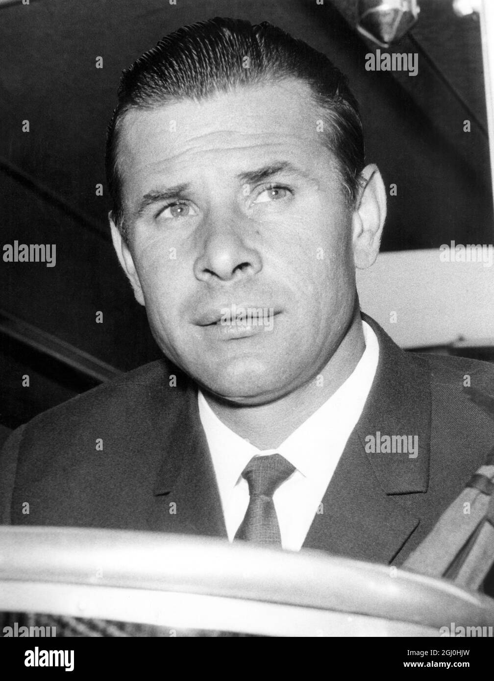 Russian goalkeeper, Lev Yashin, is photographed aboard a coach after he ...