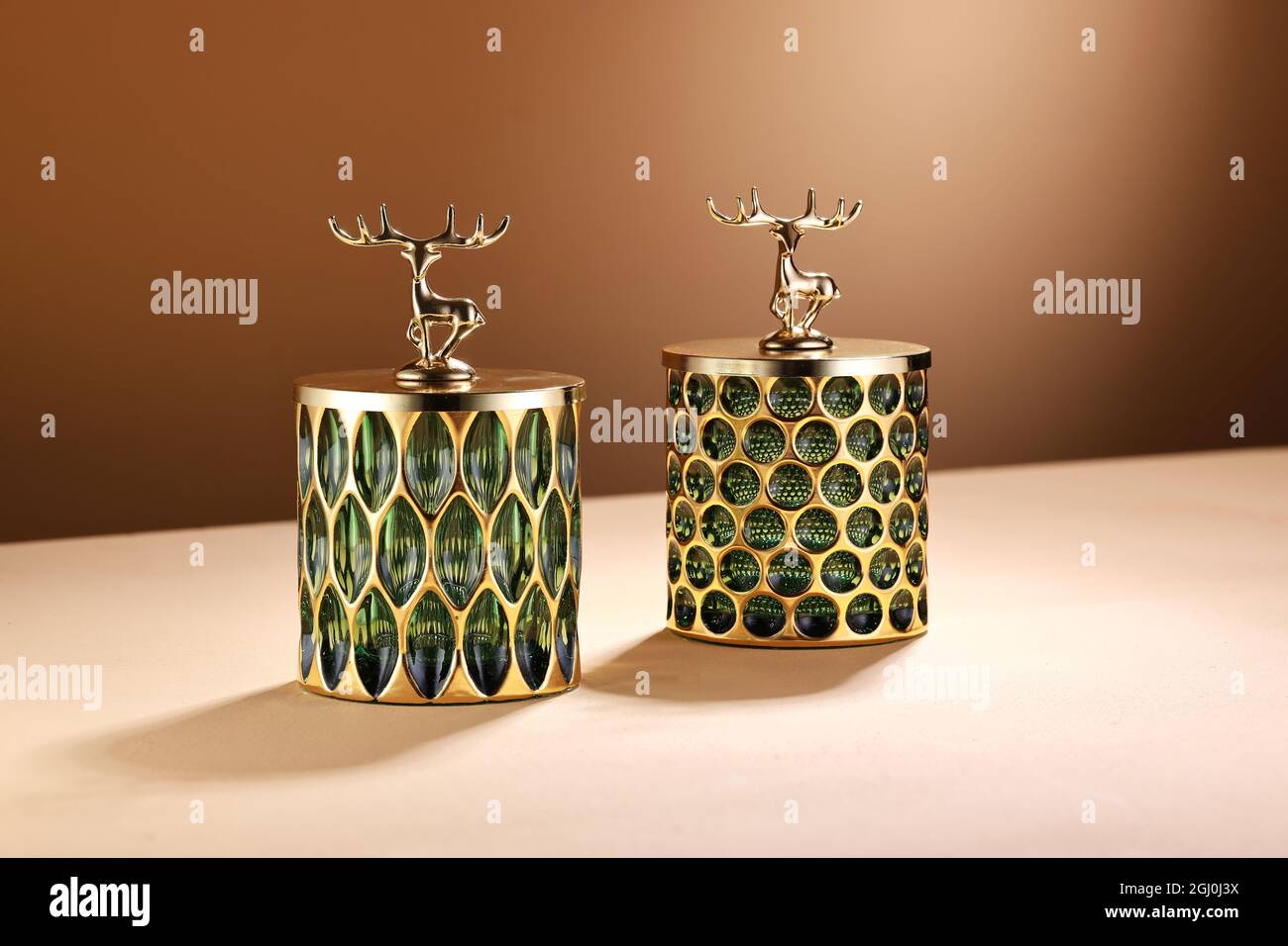 Empty green Glass jar on beige background and light wall Stock Photo ...