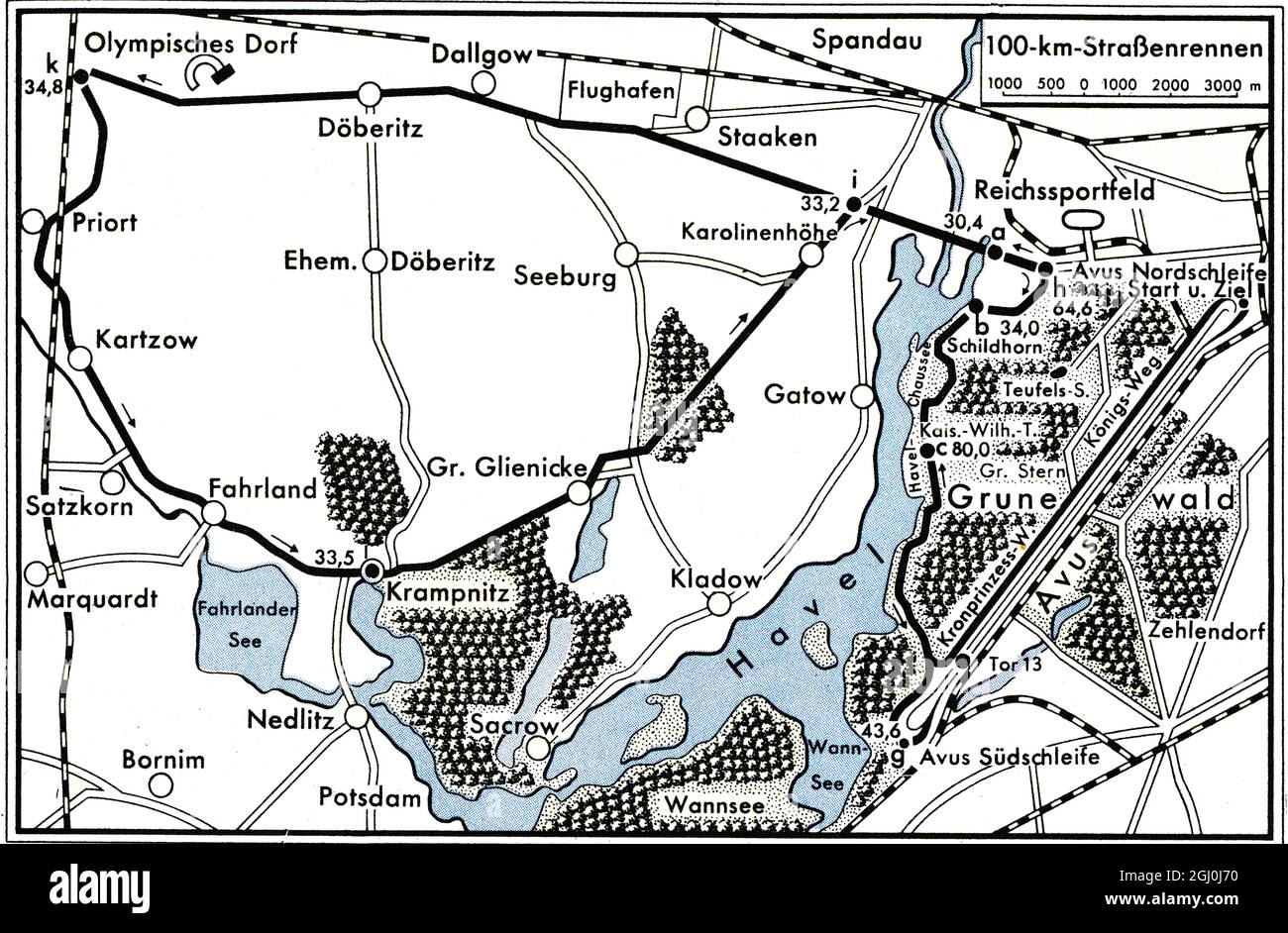A map of the 100km road run - Avus - Doberitz - Reichsportseld - Avus ...