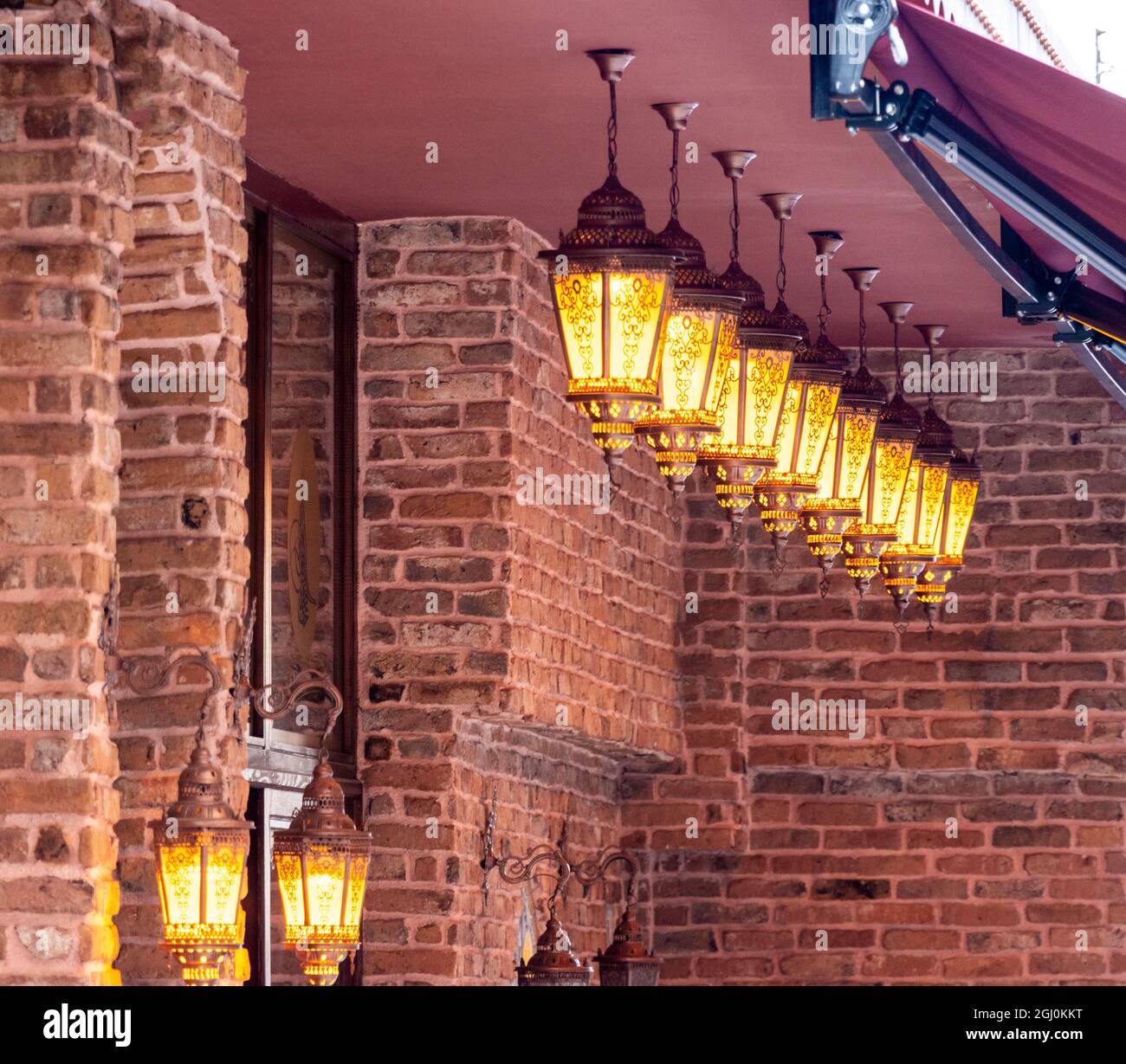 Brick wall with lights.Outdoor building decorative lighting Stock Photo ...