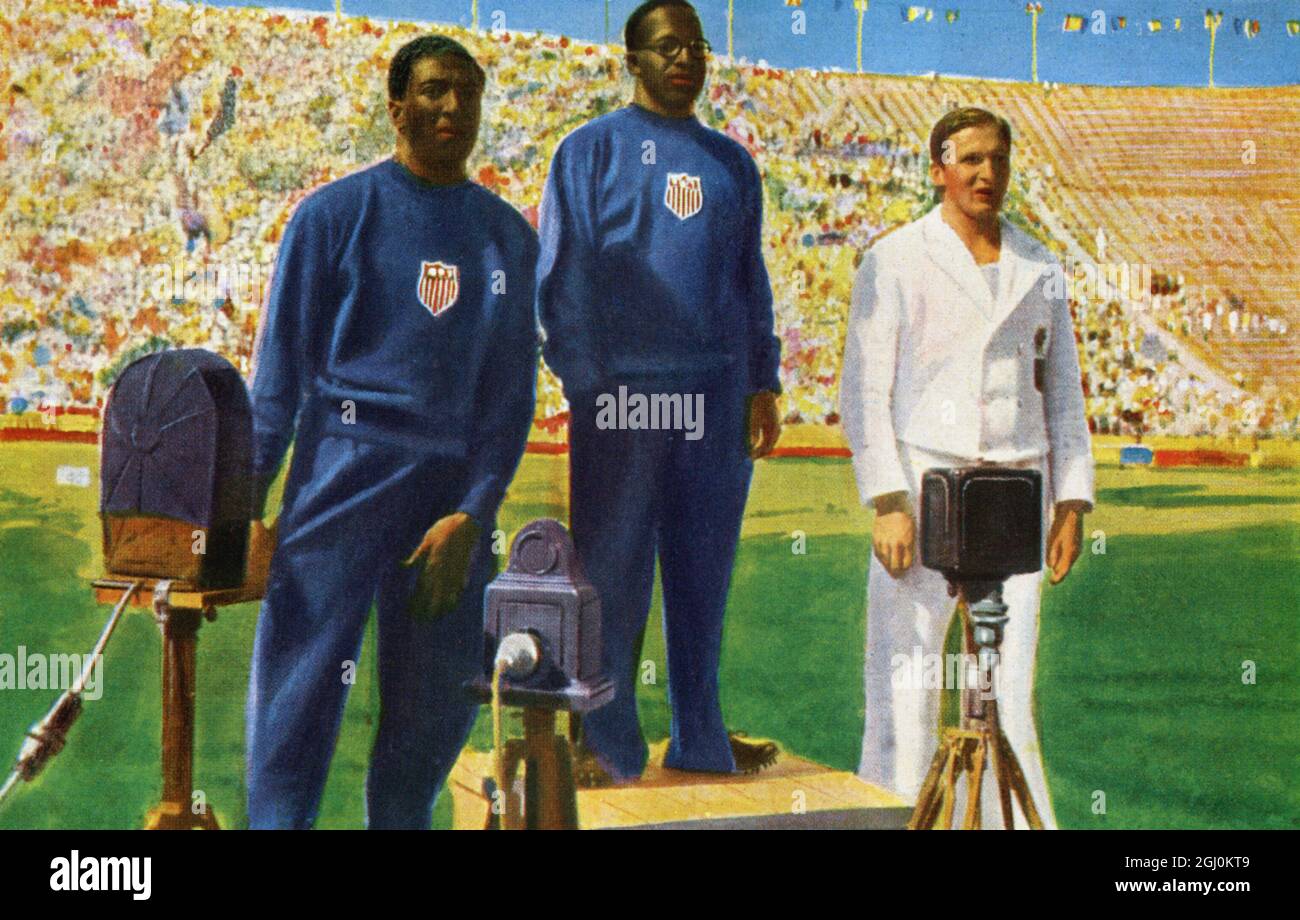 On the podium bronze Arthur Jonath for Germany gold for Eddie Tolan USA ...