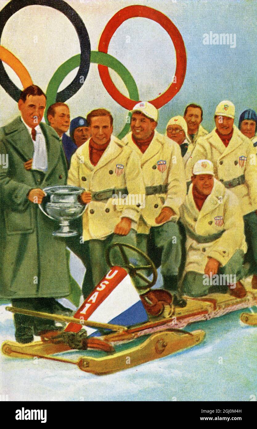 Winning American bobsleigh team with their trophy at Lake Placid at ...