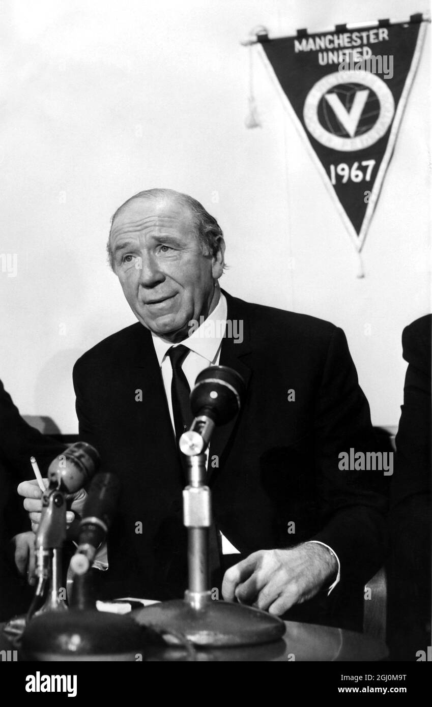 Sir Matt Busby, manager of Manchester United football team, at a press ...