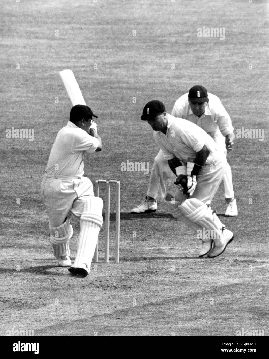 England v India Indian opener , Pankaj Roy , attempts to sweep one from ...