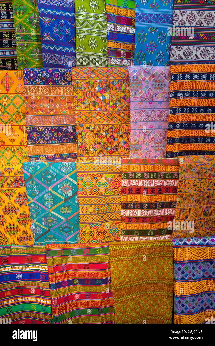 Bhutan, Thimphu. Traditional colorful and ornate hand woven textiles ...