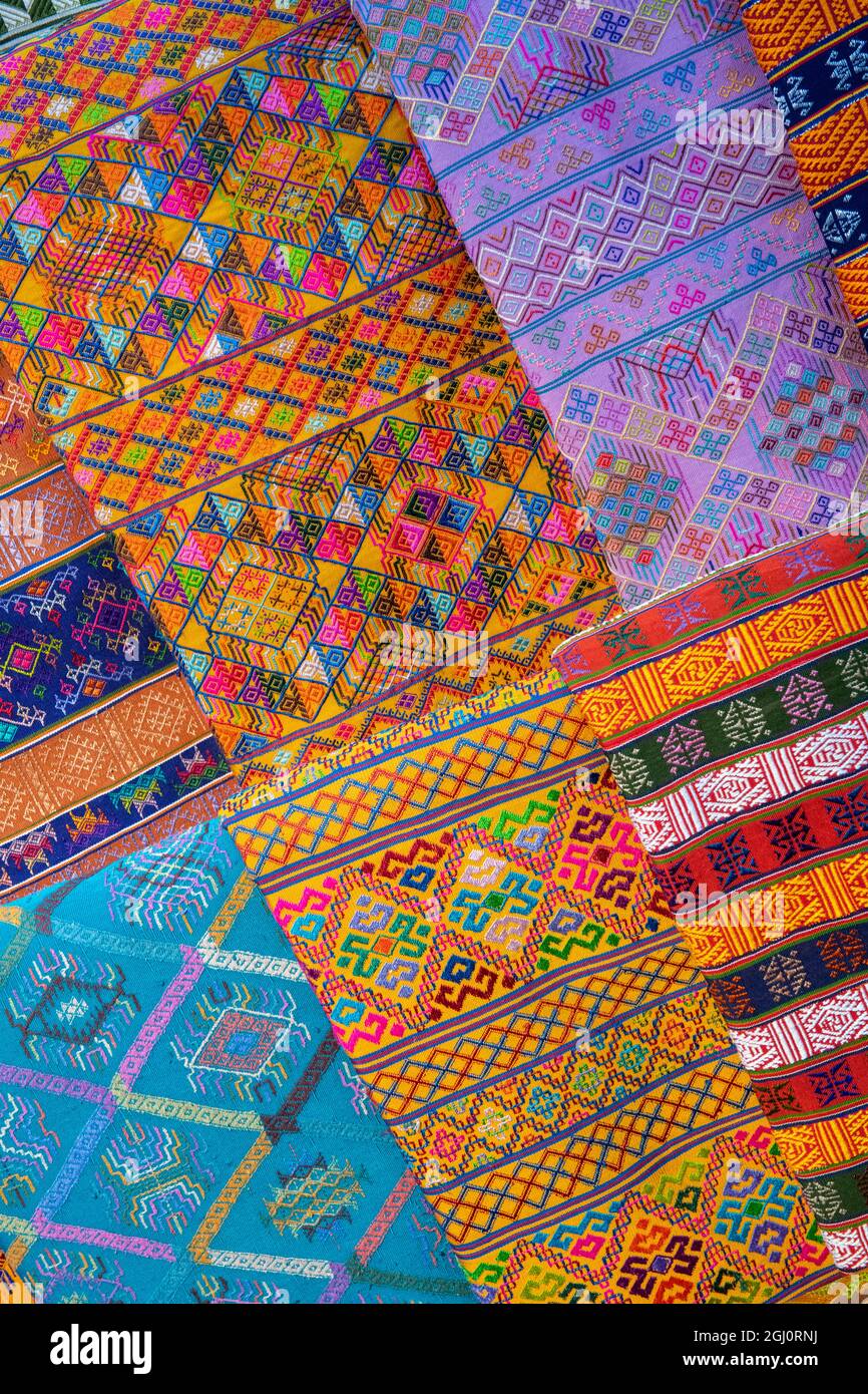 Bhutan, Thimphu. Traditional colorful and ornate hand woven textiles ...