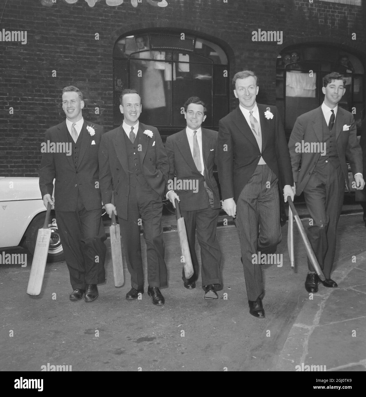 A CRICKETING GUARD OF HONOUR ARRIVES FOR THE WEDDING OF RAMAN SUBBA ROW ...
