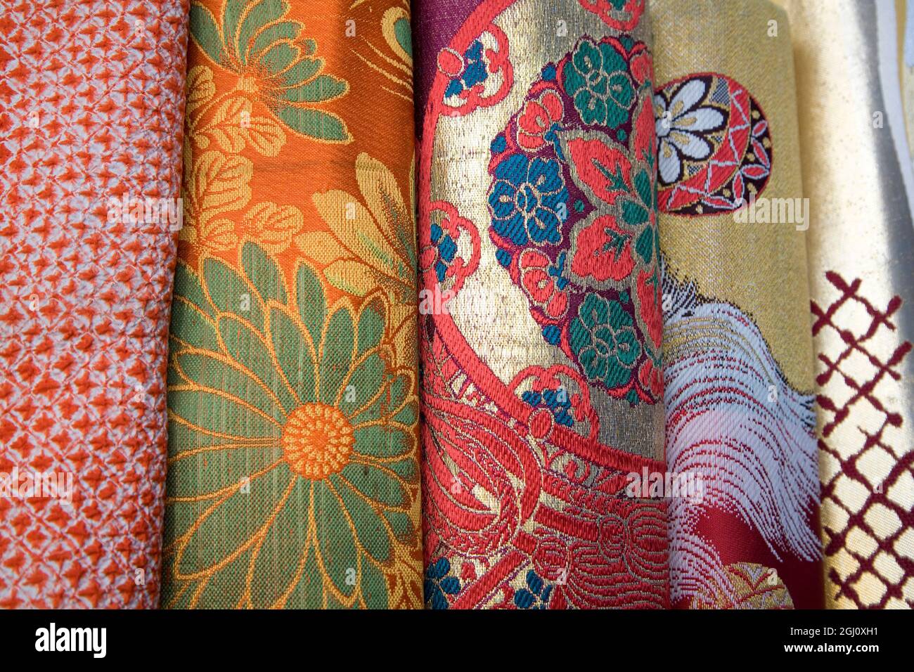 Silk fabric on display in shop in historic Yanaka neighborhood, Tokyo ...