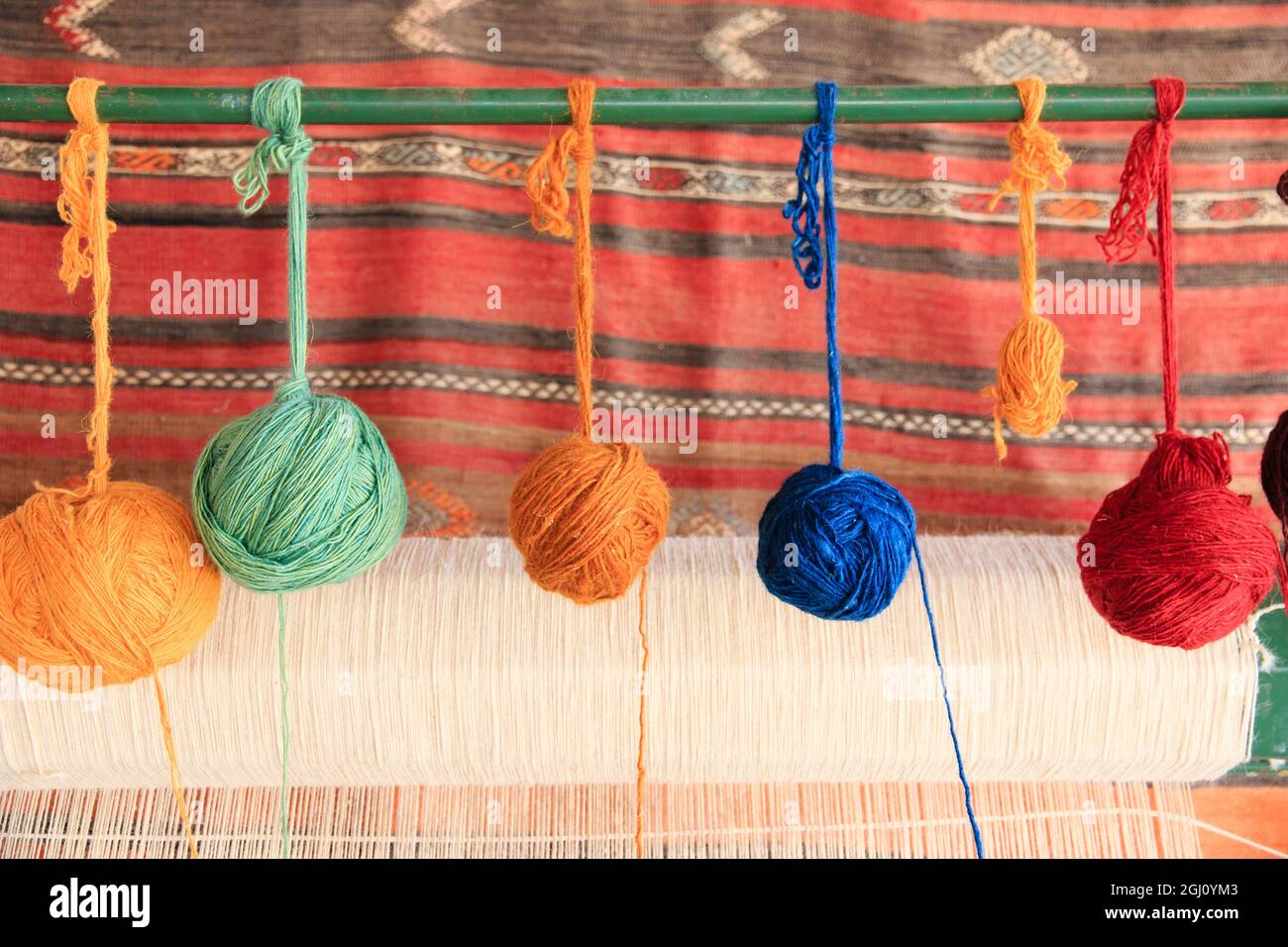 Turkey, Izmir Province, Selcuk, weaving loom, rug making, balls of wool ...