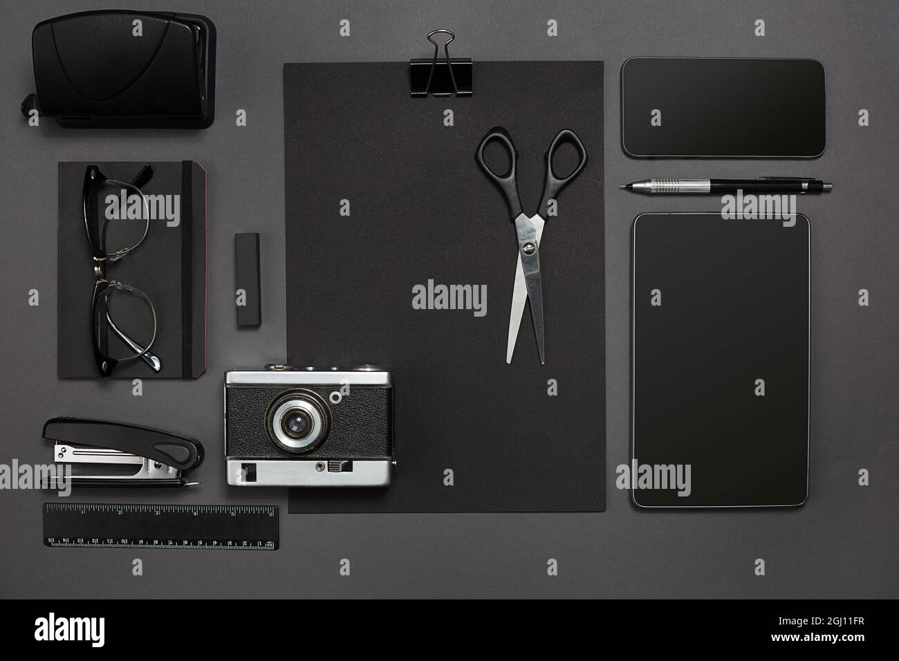 Workplace with office items and business elements on a desk. Concept ...