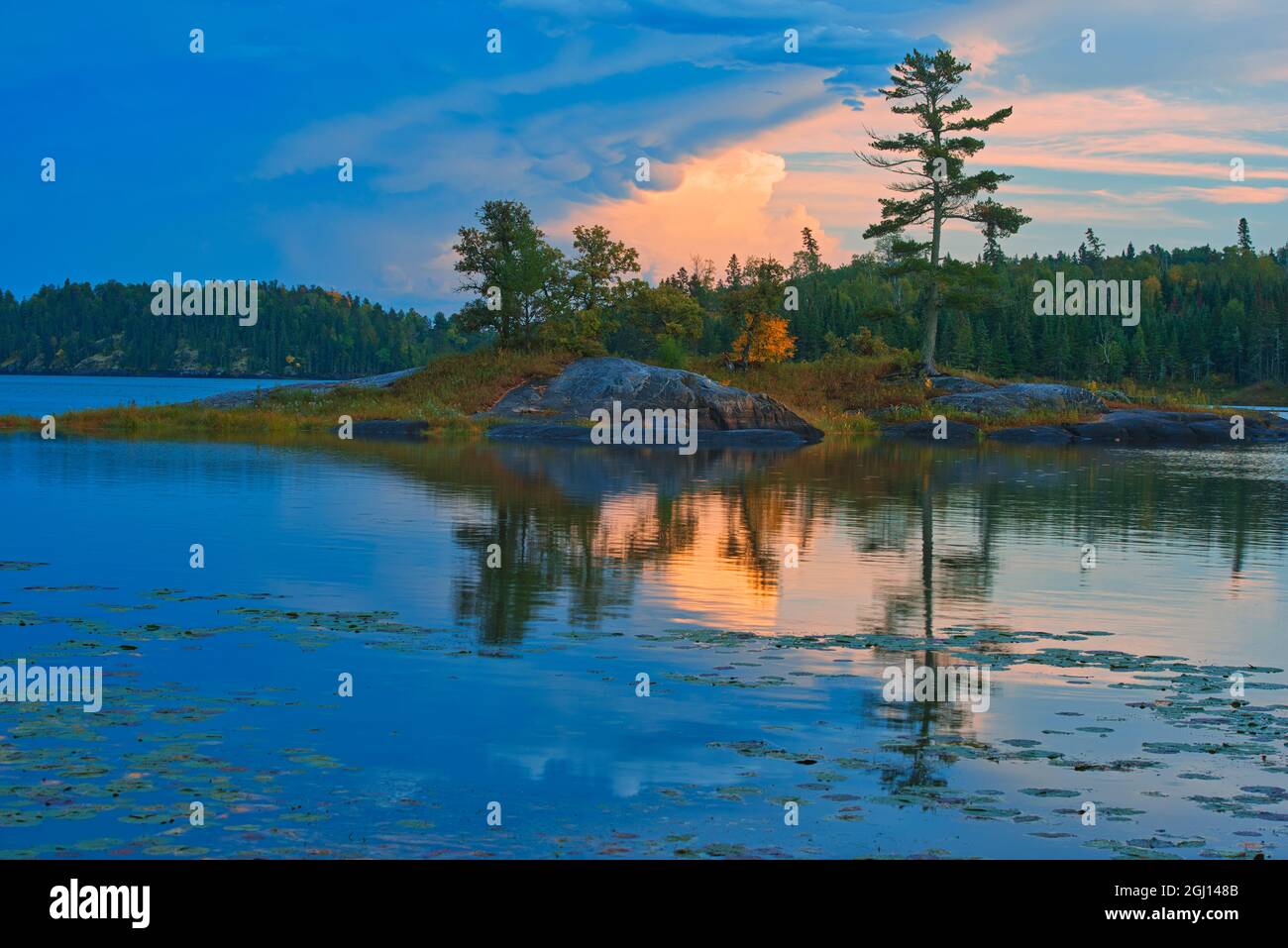 Canada, Ontario, Kenora District. Forest autumn colors reflect on ...