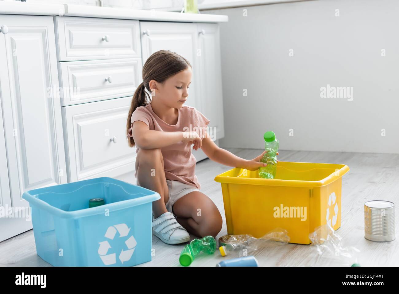 Girl sorting bottles in boxes with recycle sign in kitchen Stock Photo ...