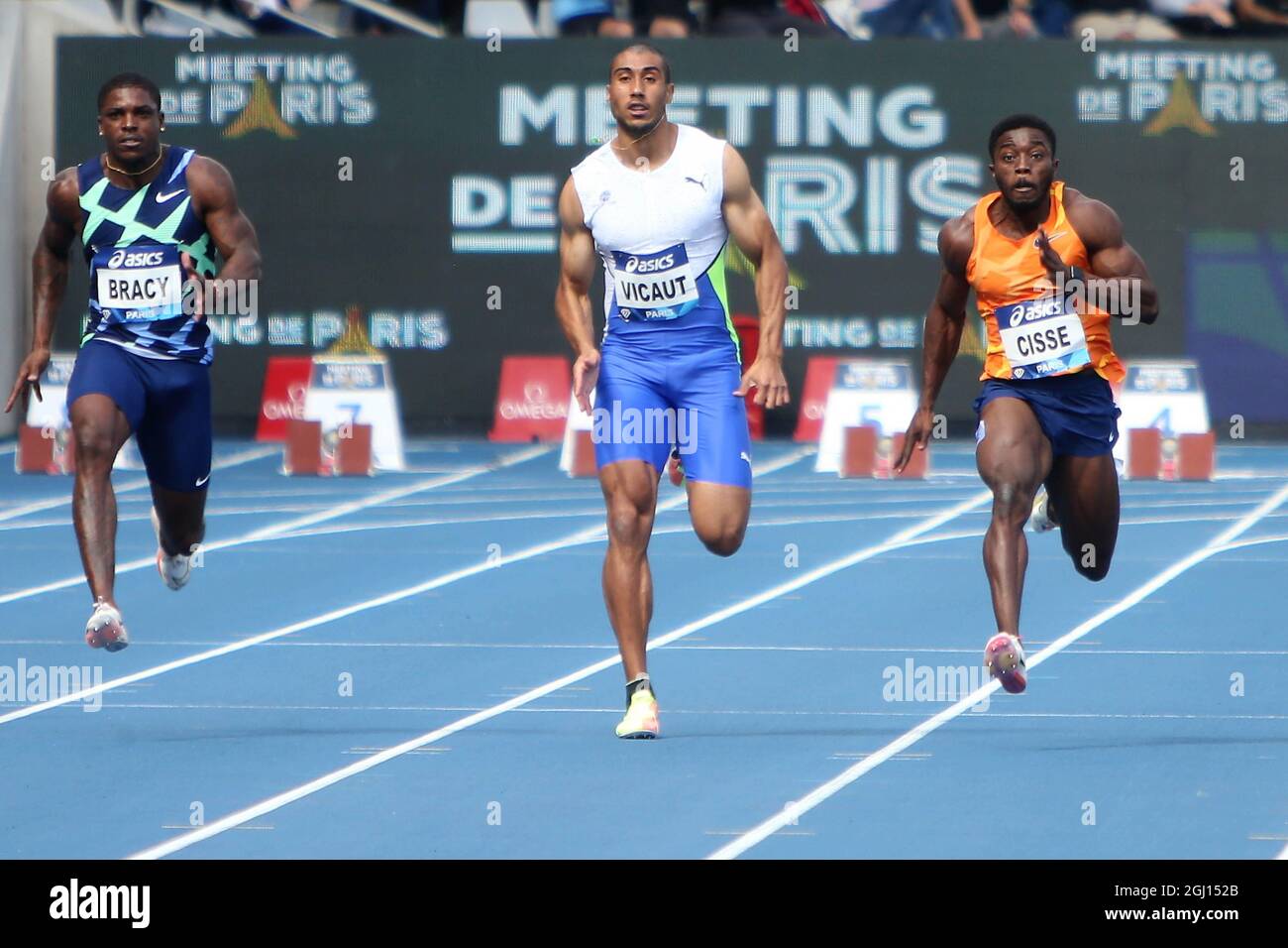 Marvin Bracy of USA , Jimmy Vicaut of France and Arthur Cissé of Cote d ...