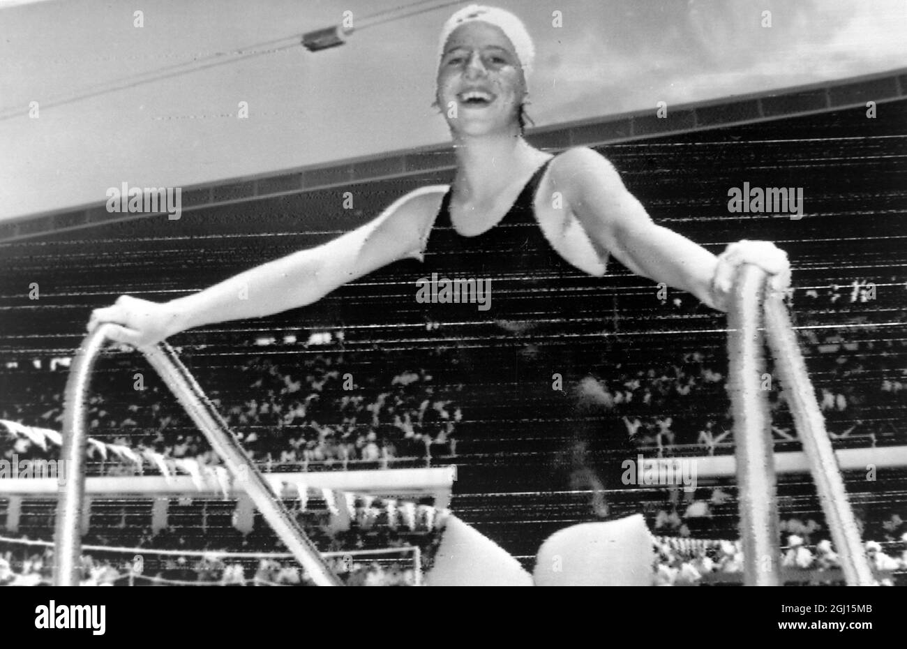 SWIMMER LINDA LUDGROVE L EMERGES FROM POOL AFTER WIN AT COMMONWEALTH ...
