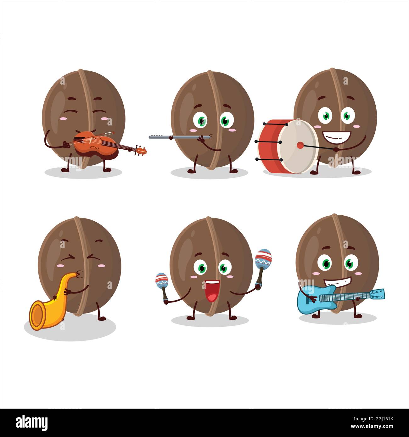 Cartoon character of walnuts playing some musical instruments. Vector ...
