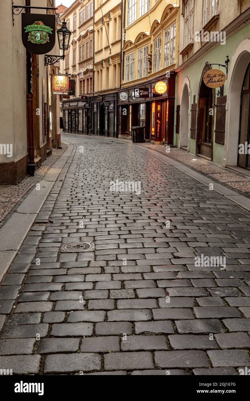 Narrow wet cobblestone streets in Old Town in Prague, Czech Republic ...