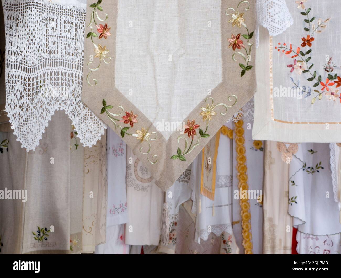 Crete. Greece. Europe. Lace and embroidery in shop in town of Kritsa ...