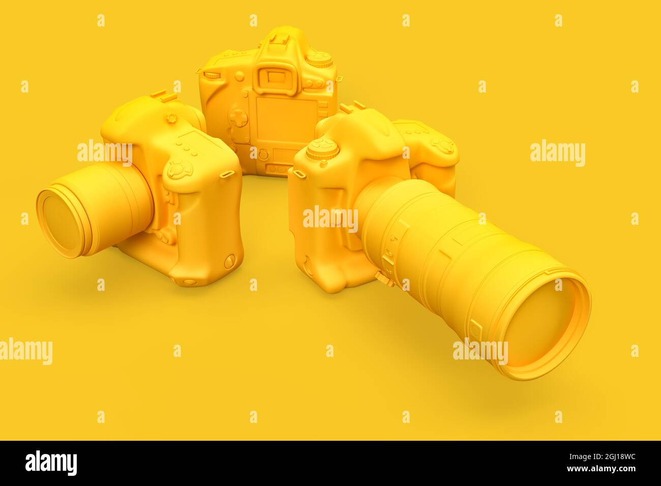 Group of DSLR cameras on yellow background. 3D illustration Stock Photo ...