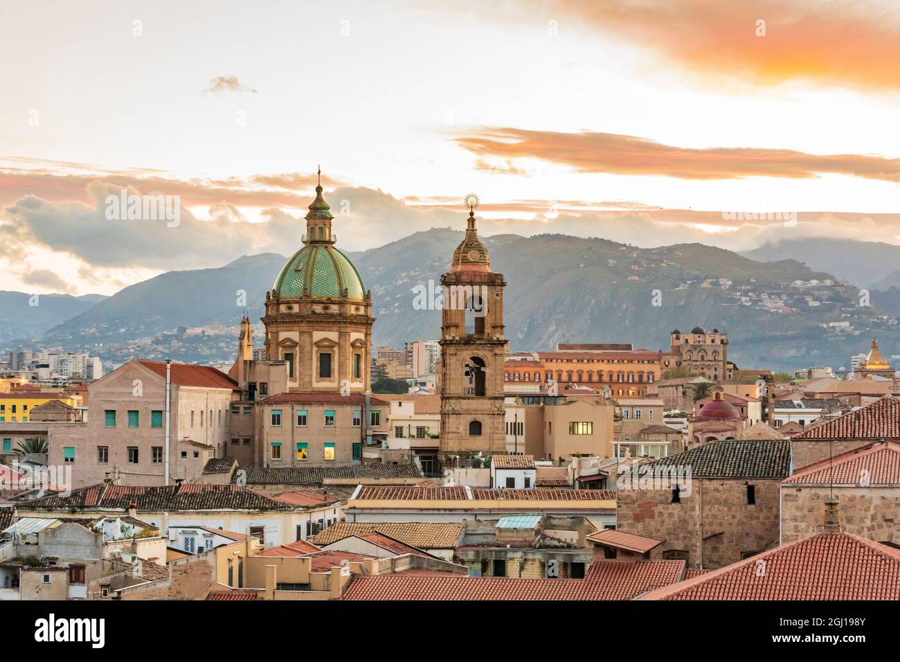Italy, Sicily, Palermo Province, Palermo. The dome and bell tower of ...