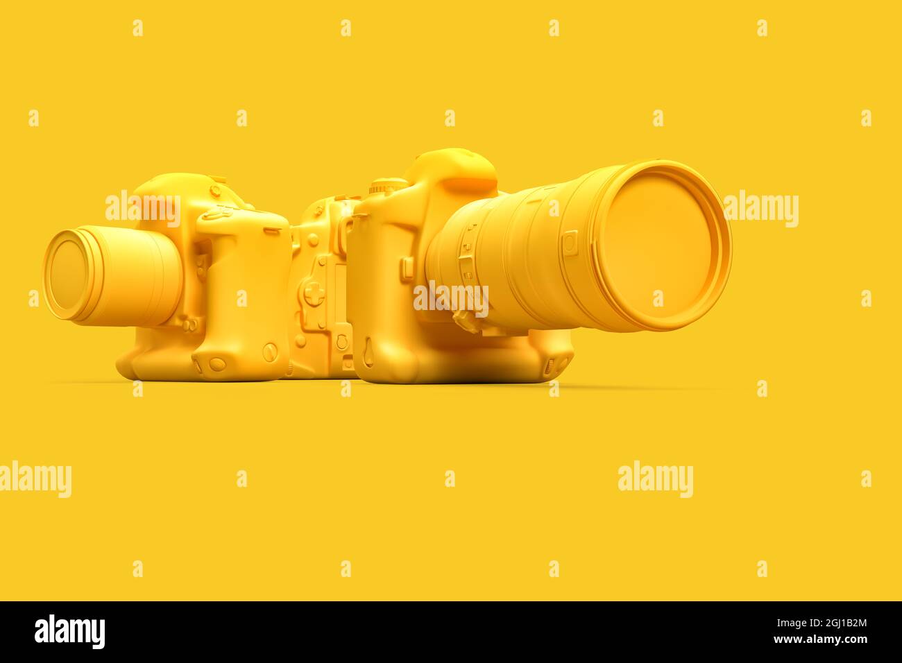 Group of nonexistent DSLR cameras on yellow background. 3D Rendering ...
