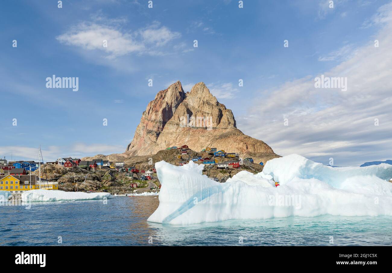 The town Uummannaq, northwest of Greenland, located on an island in the ...