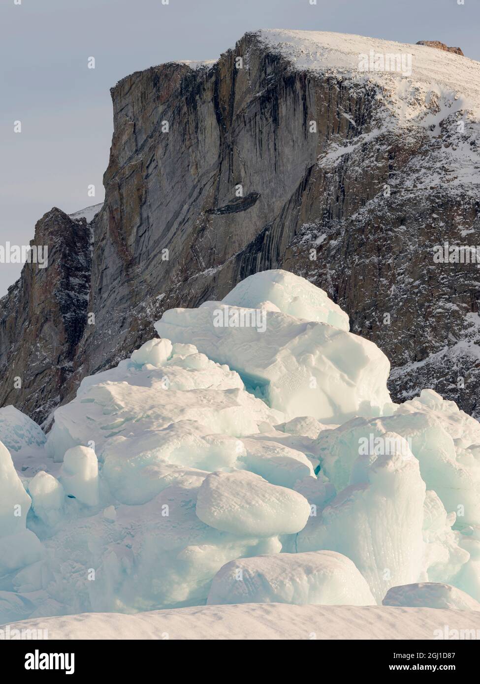 Icebergs in front of Storen Island, frozen into the sea ice of the ...