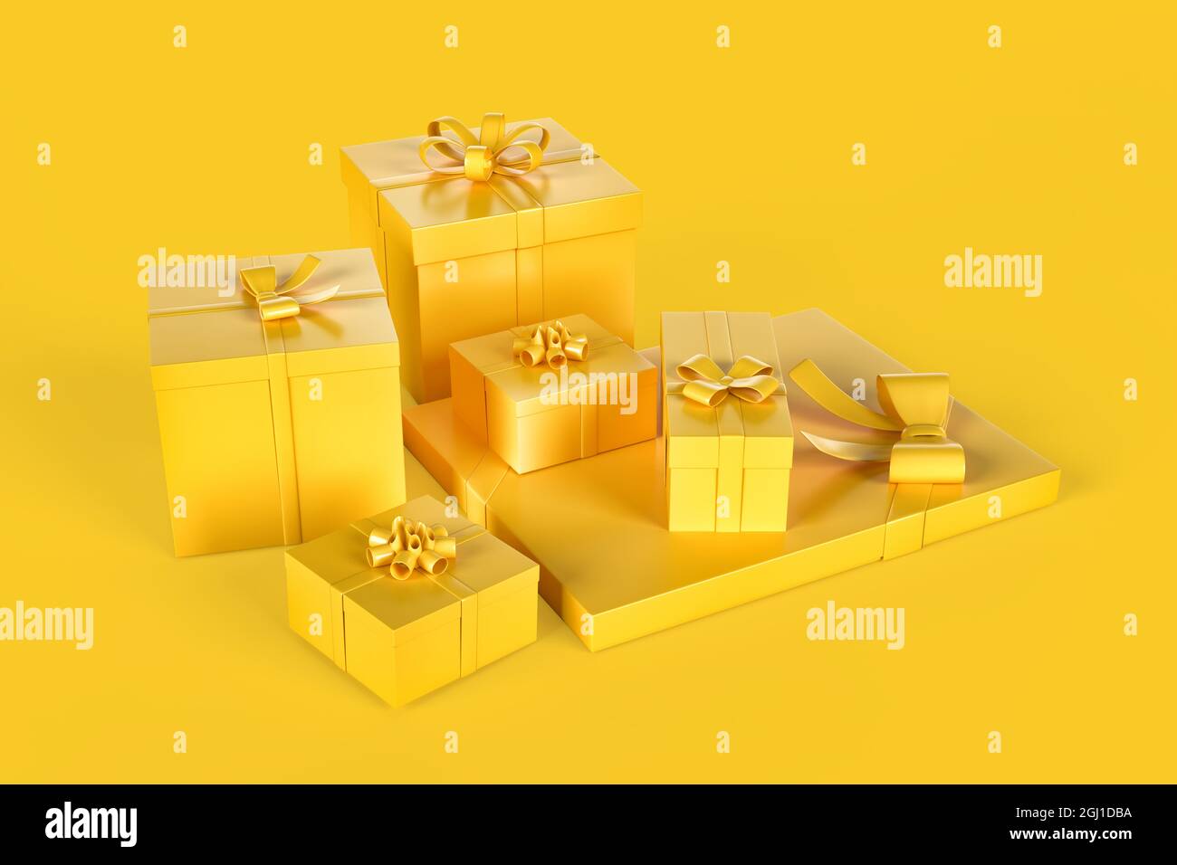 Various yellow gift boxes on yellow background. 3D rendering Stock ...