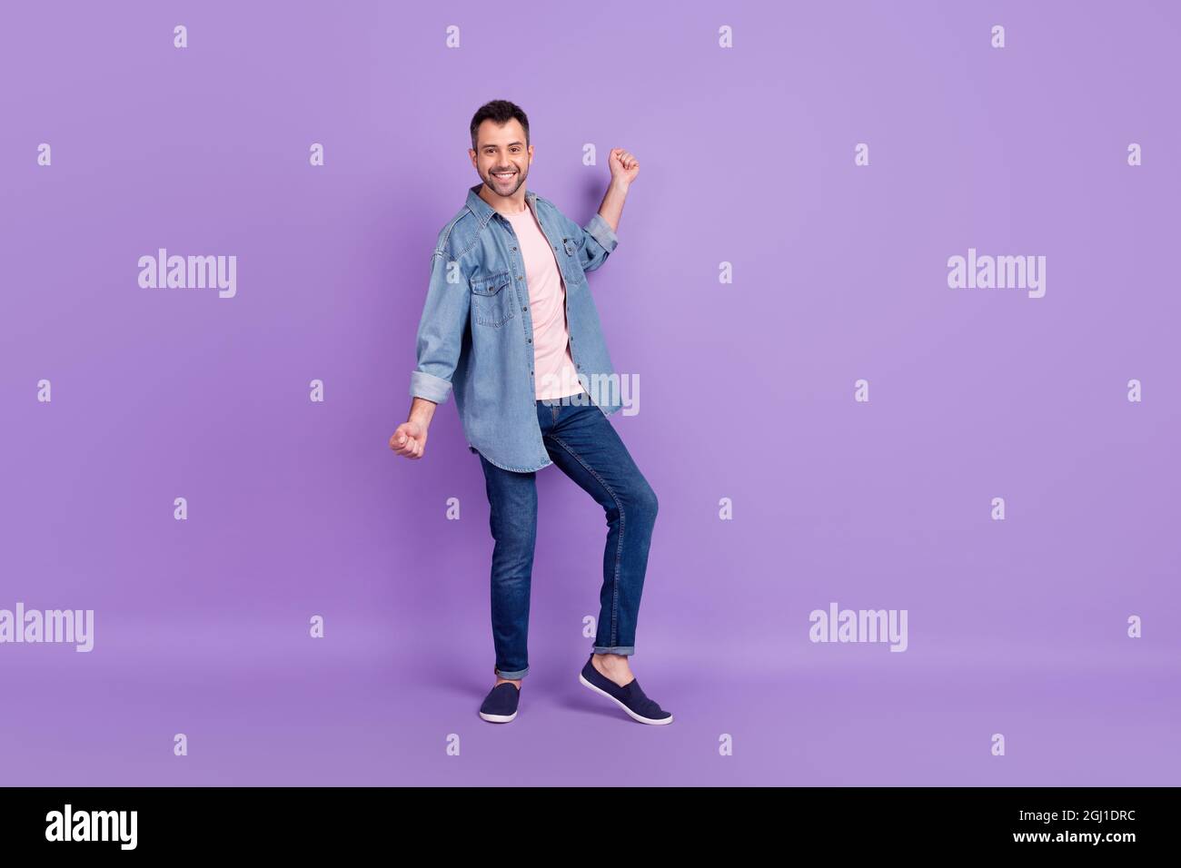 Full length body size photo man stylish outfit smiling dancing at party ...