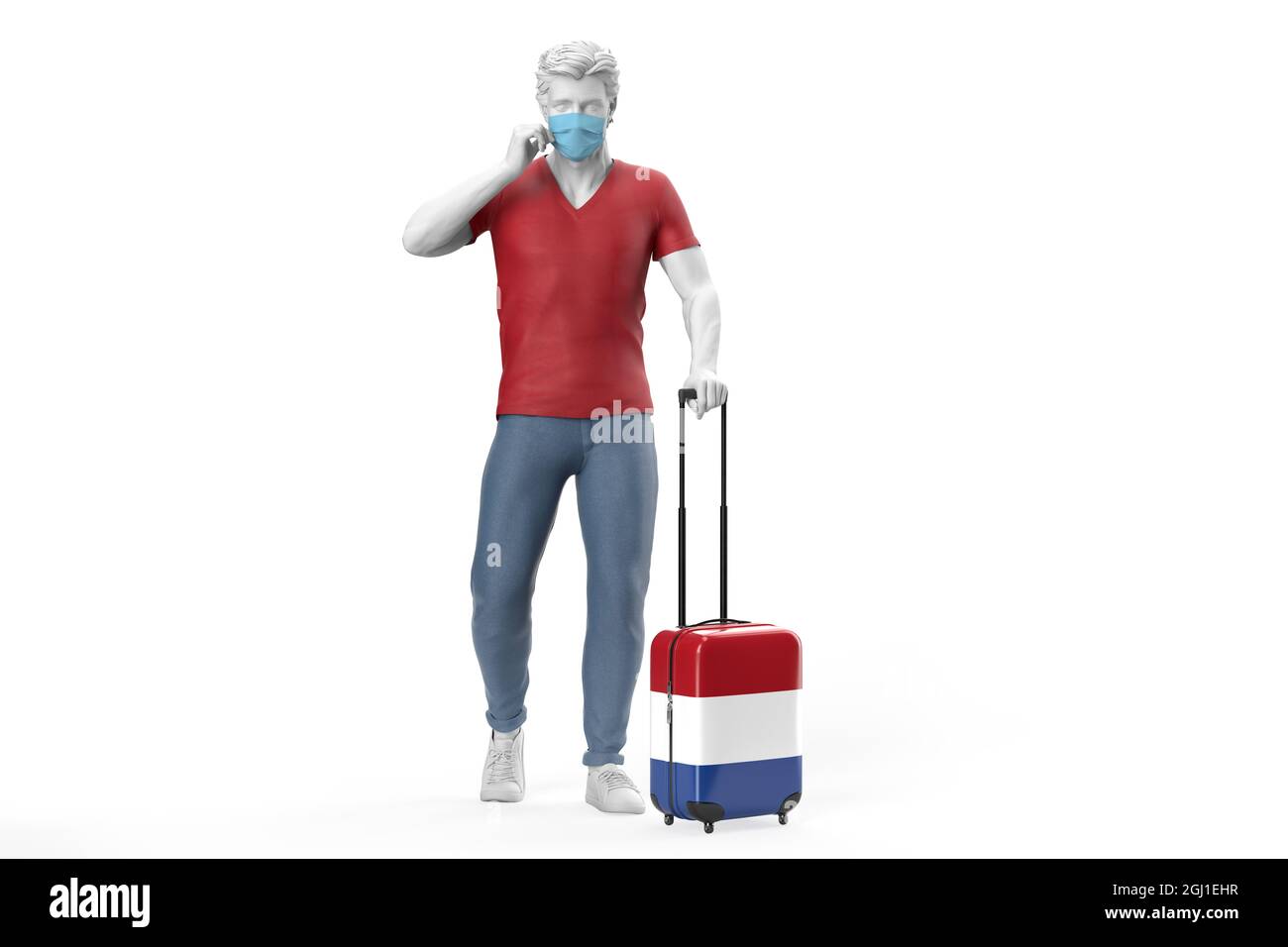 Man wearing face mask pulls a suitcase textured with flag of ...