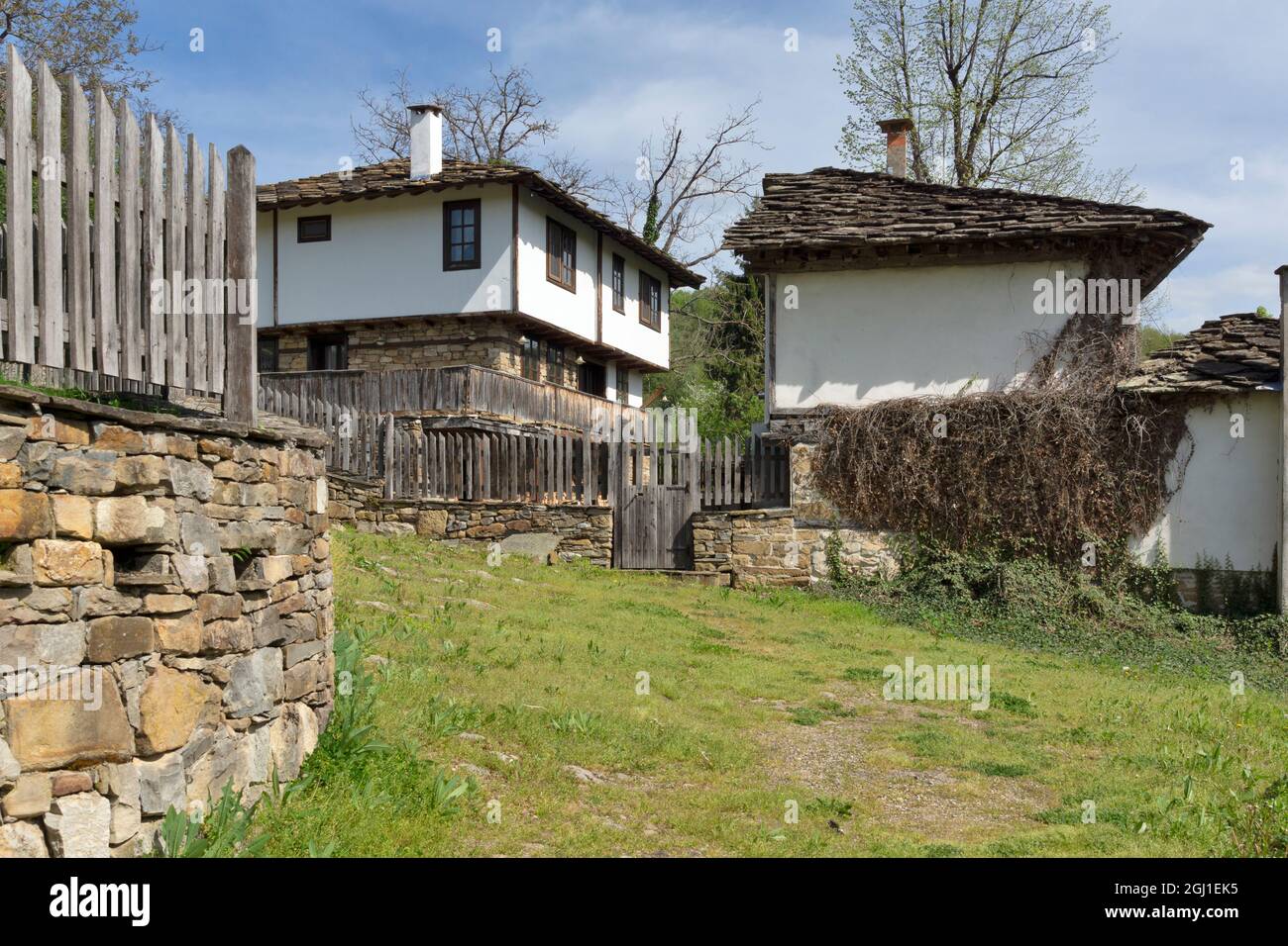Typical street and old houses at historical village of Bozhentsi ...