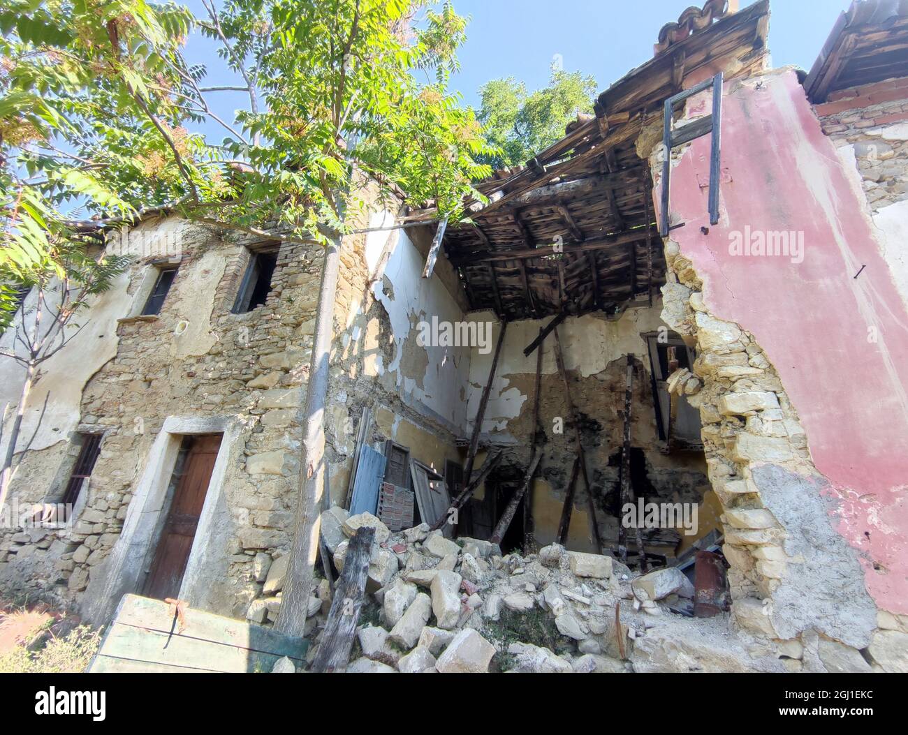 old abandoned roof collapsed farm house in pedmont northen italy Stock ...