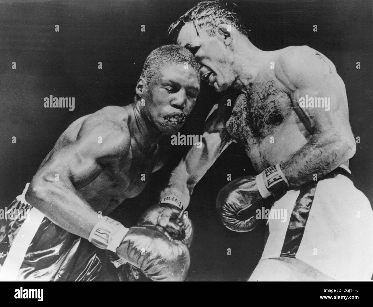 Badly batter Johnny Saxton in the ring with Carmen Basilio during the ...