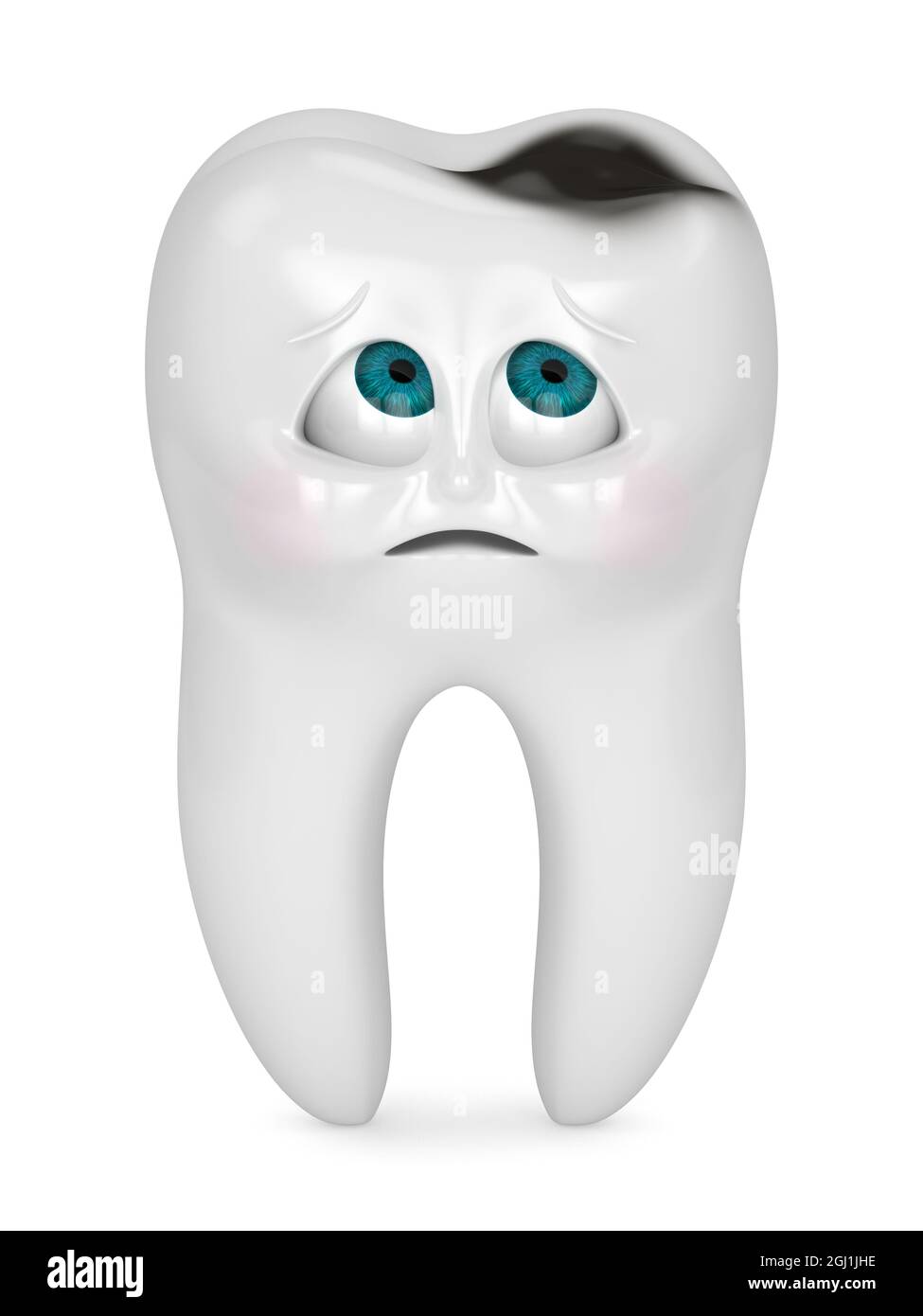 3D render of cartoon Mr Tooth worried about cavity over white ...