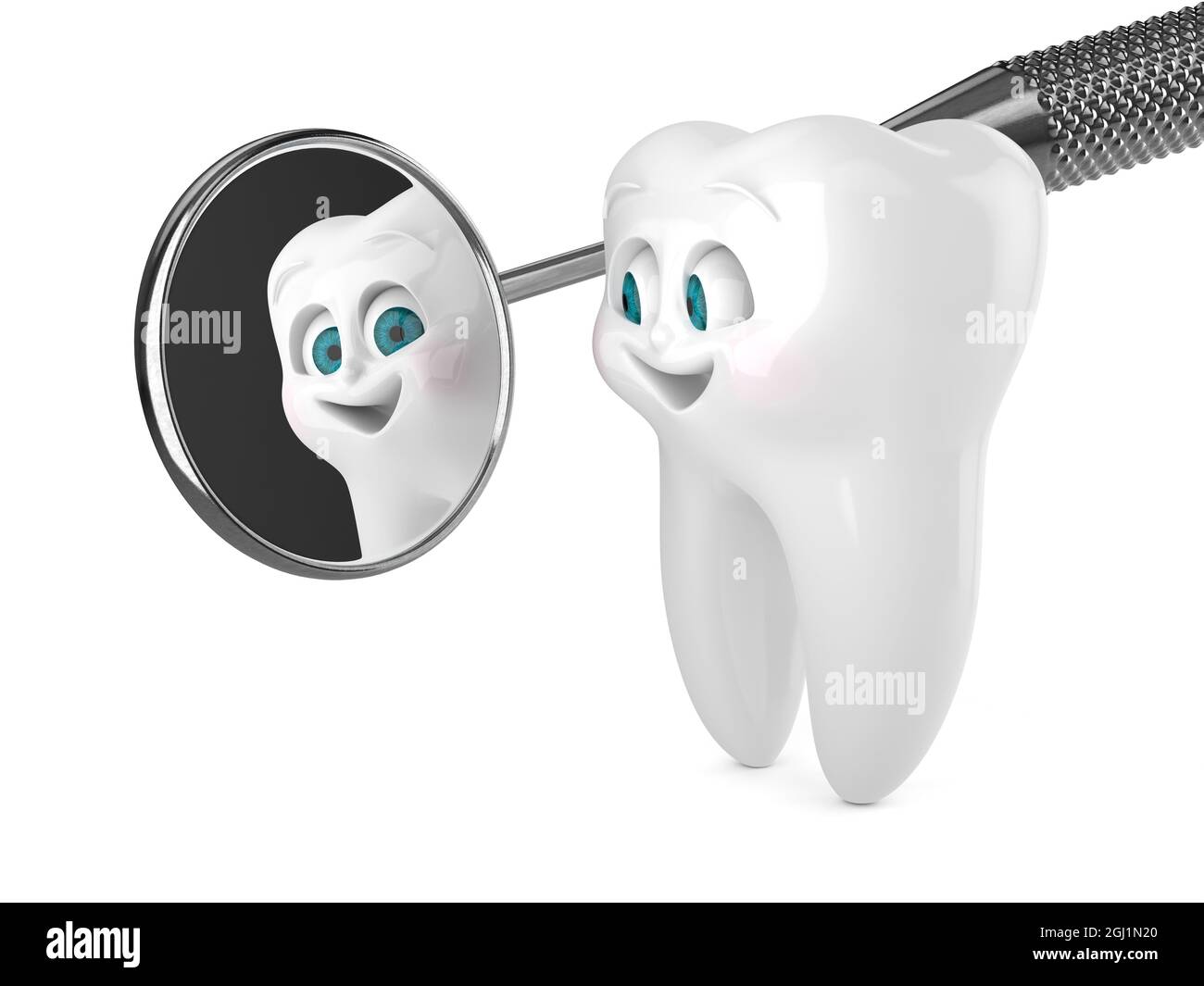 3D render of cartoon Mr Tooth looking in mirror isolated over white ...