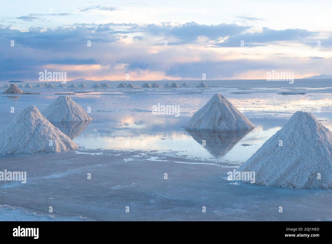 Bolivia, Uyuni, Salar de Uyuni. Cones of salt have been scraped up so ...