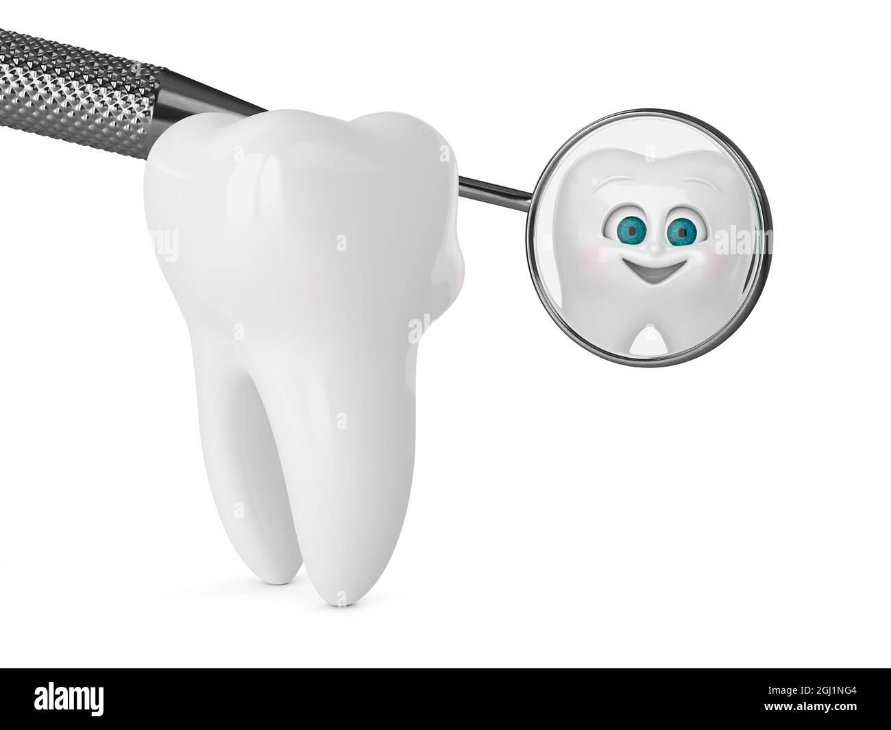 3D render of cartoon Mr Tooth looking in mirror isolated over white ...