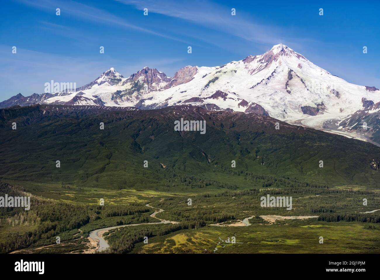 USA, Alaska, Lake Clark National Park. Aerial of Mt. Iliamna with steam ...