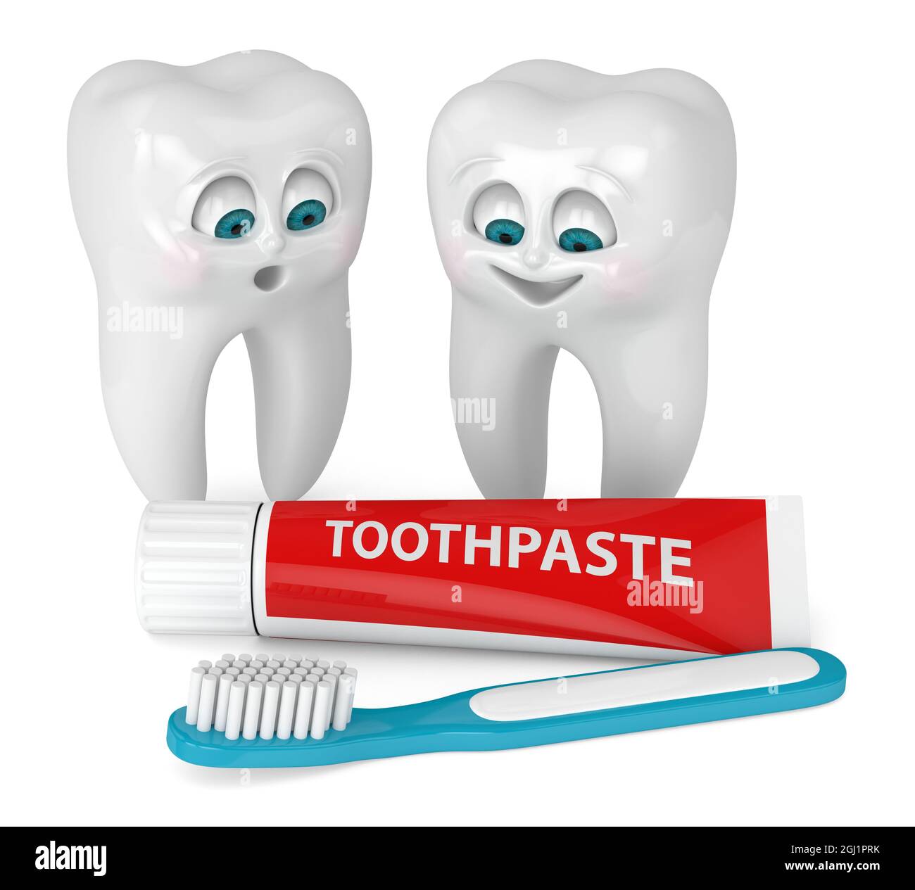 3D render of cartoon Mr Tooth with friend looking at toothbrush and ...