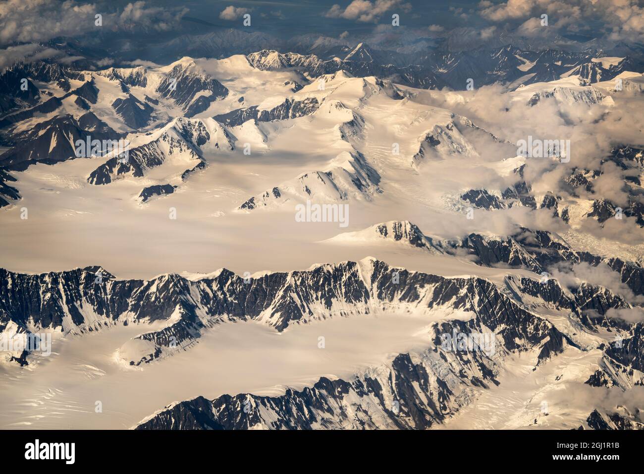USA, Alaska, Chugach Mountain Range. Aerial view of glacier and snow ...