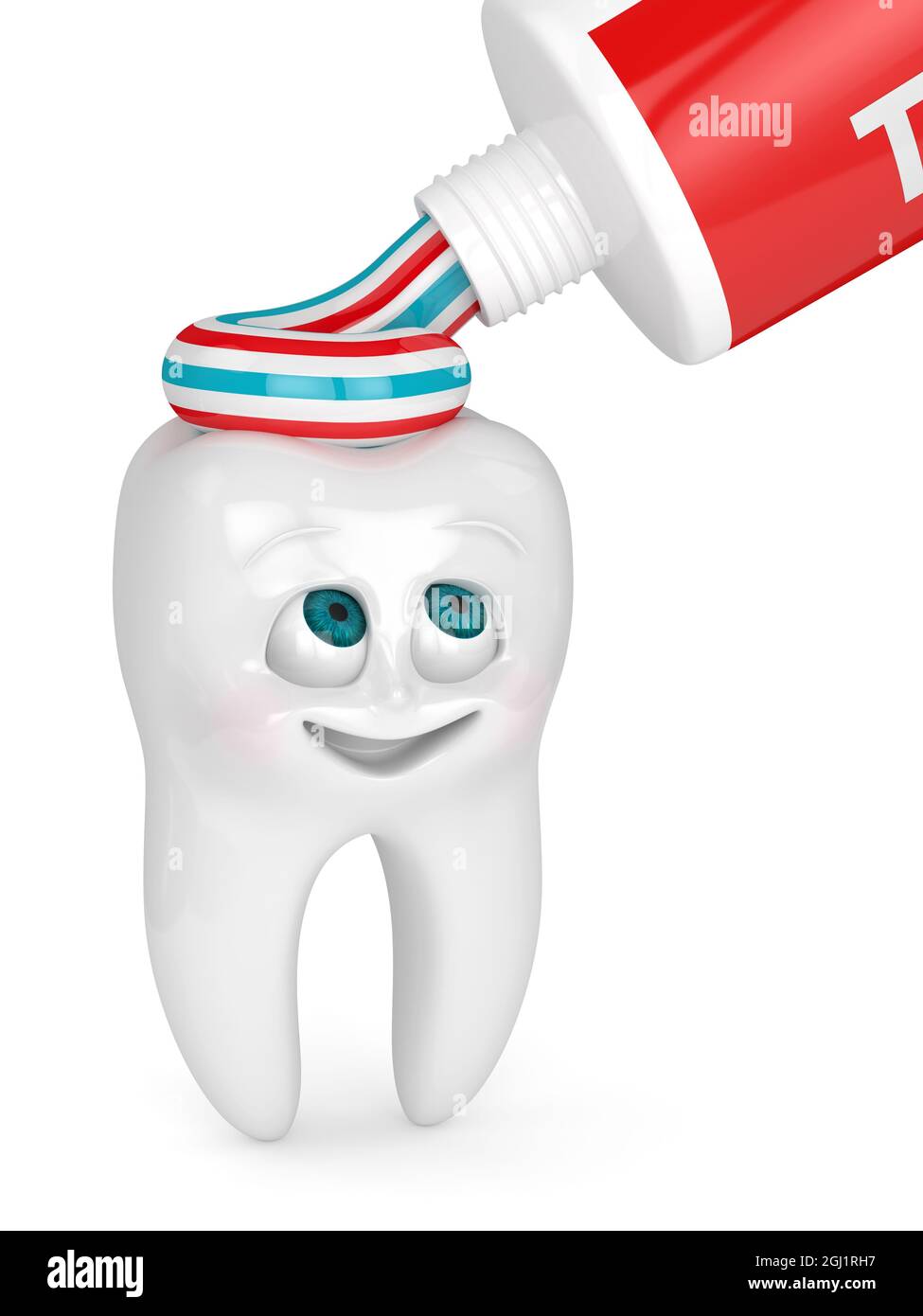 3D render of cartoon Mr Tooth looking at toothpaste isolated over white ...