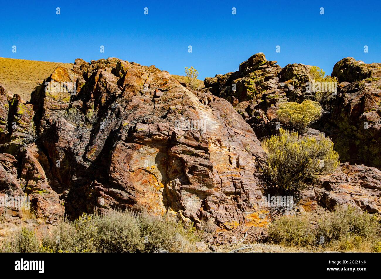 USA, California. Black Rock Desert, volcanic basalt with red-orange ...