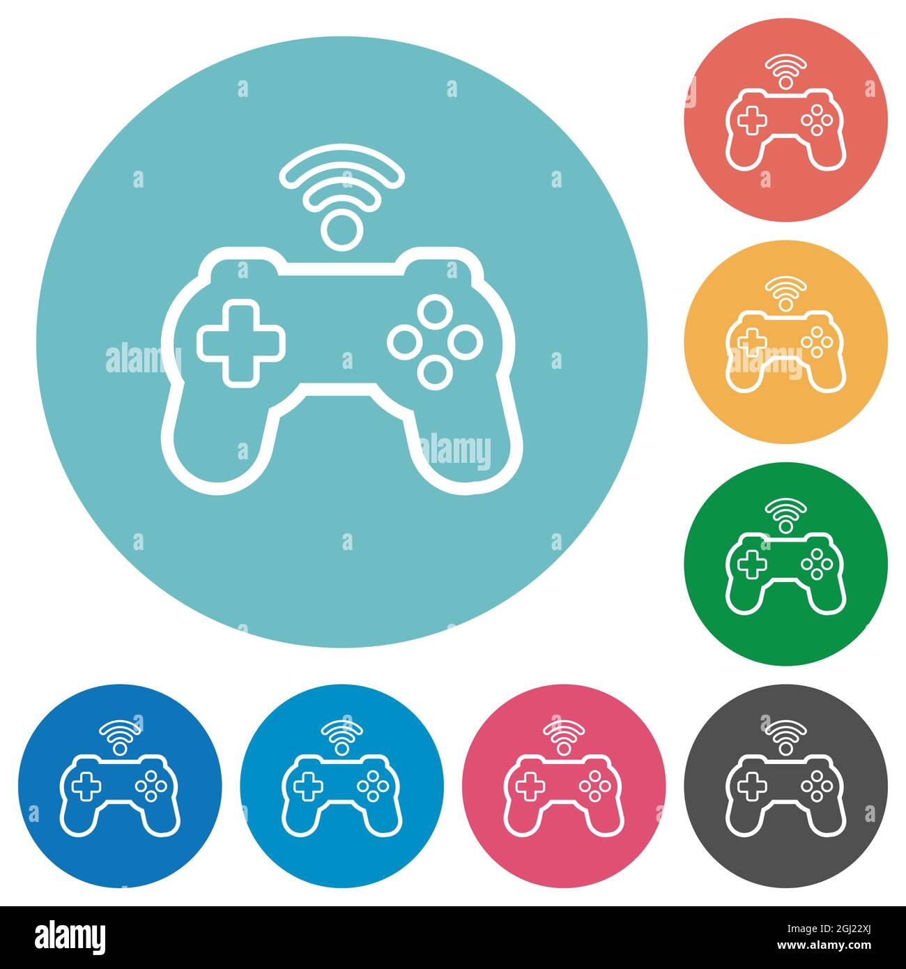 Wireless game controller outline flat white icons on round color ...