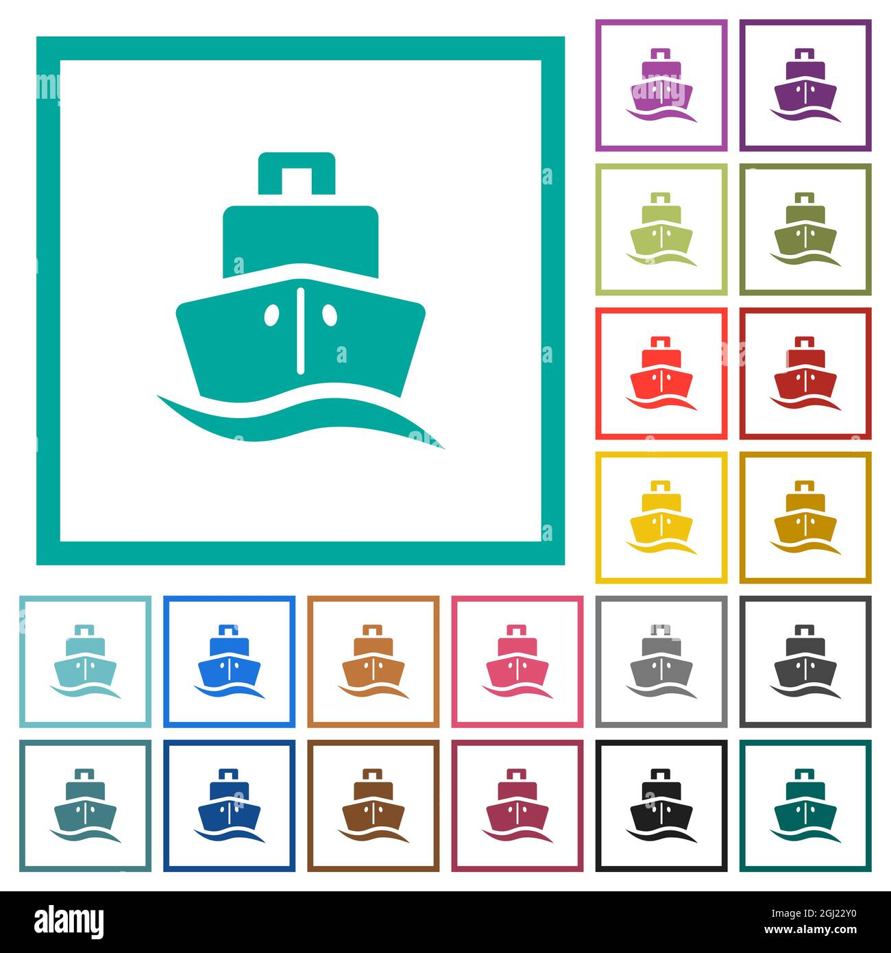 Cruise ship front view solid flat color icons with quadrant frames on ...