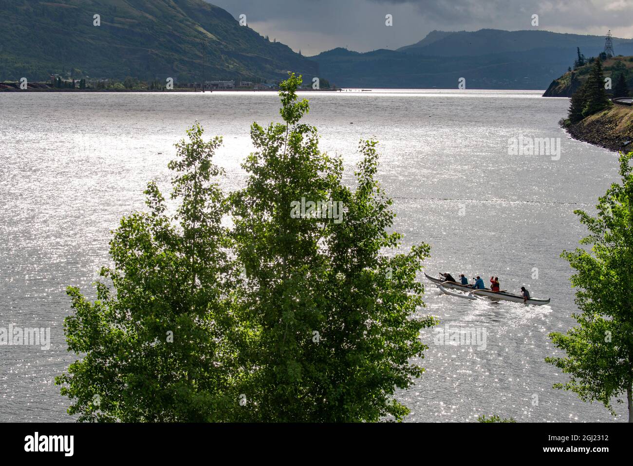 USA, Oregon. Hood River, outrigger canoe on the Lower Columbia River ...